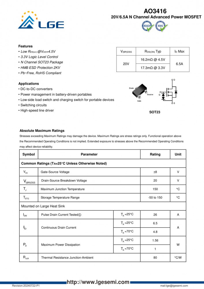 AO3416 datasheet page 1