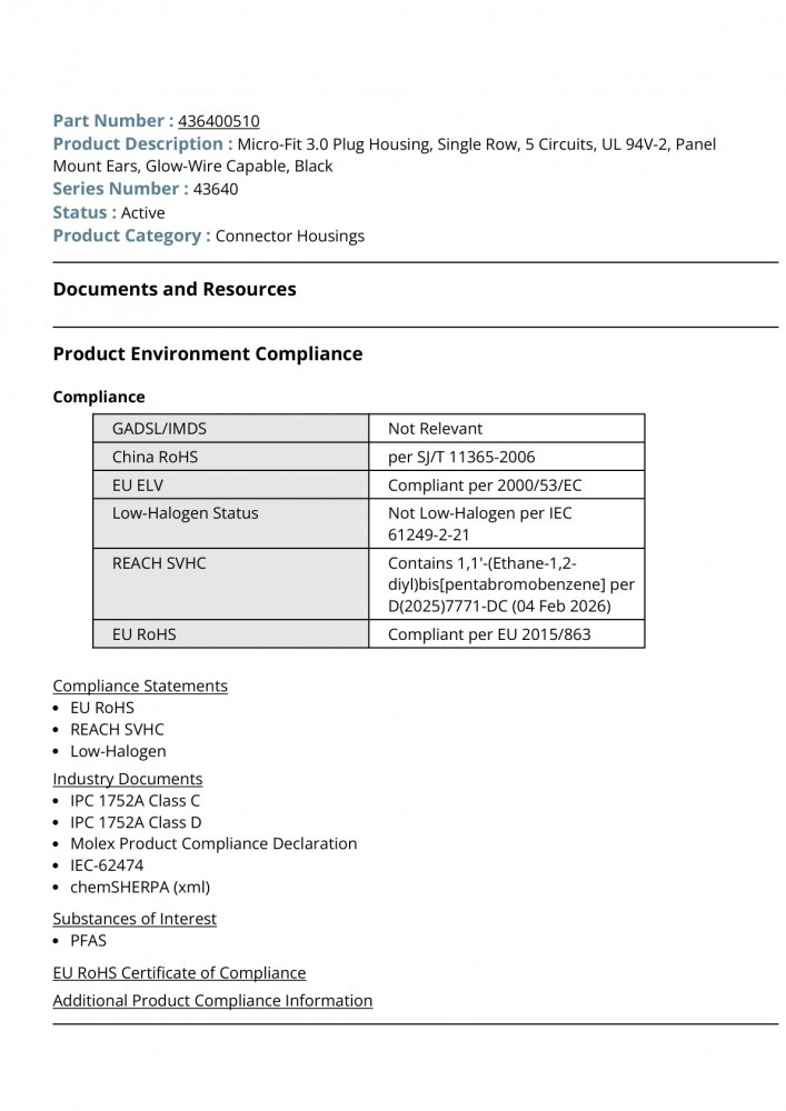 Technical document image 1 for MOLEX 436400510
