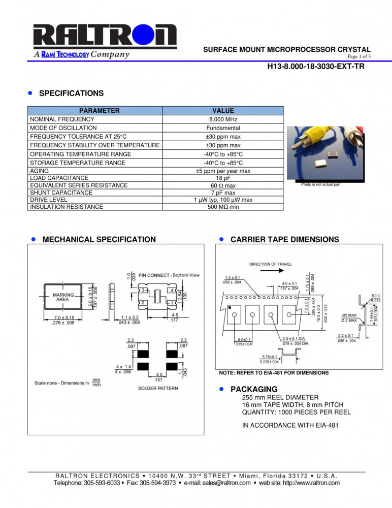 Raltron H13-8.000-18-3030-EXT-TR technical document page 1