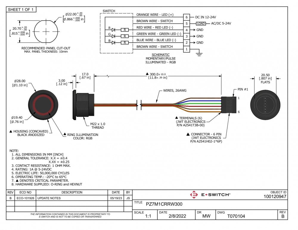 E-Switch PZ7M1CRRW300 technical drawing