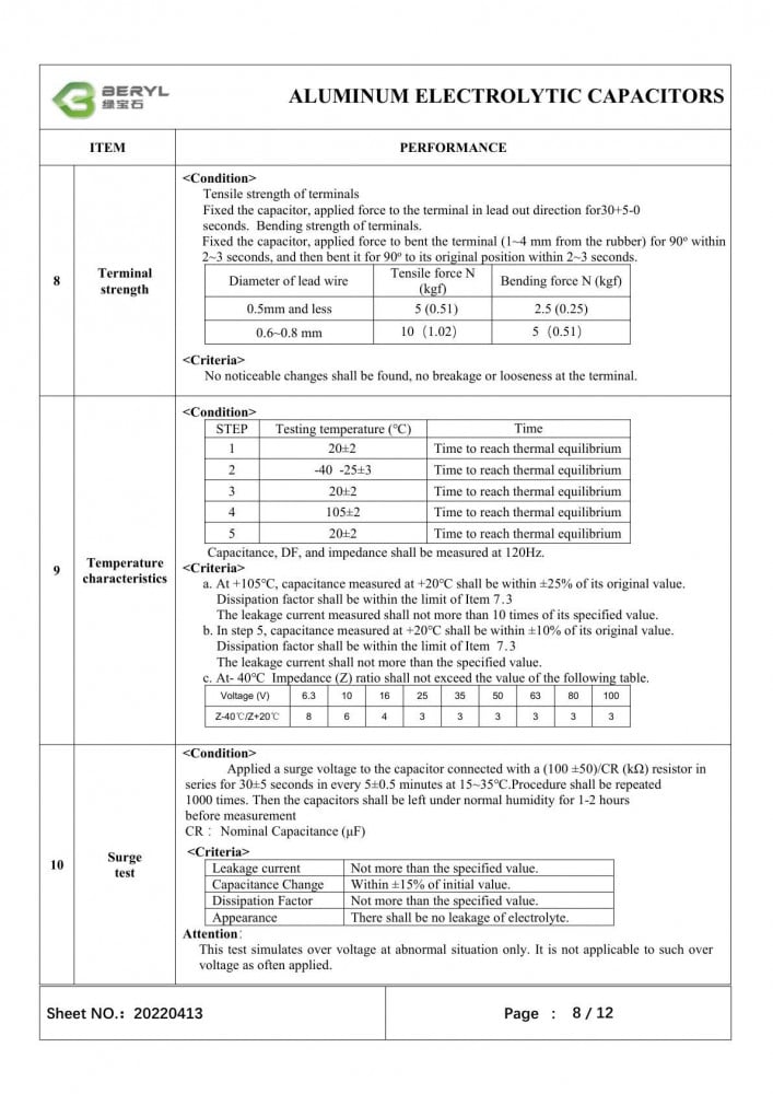 BERYL specification sheet page 8