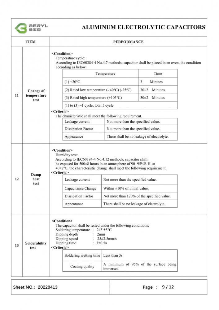 BERYL specification sheet page 9