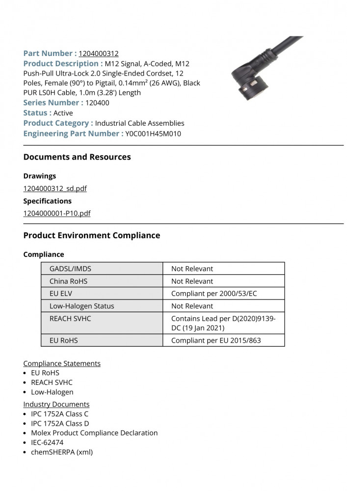 MOLEX Ultra-Lock M12 product specification page preview 1