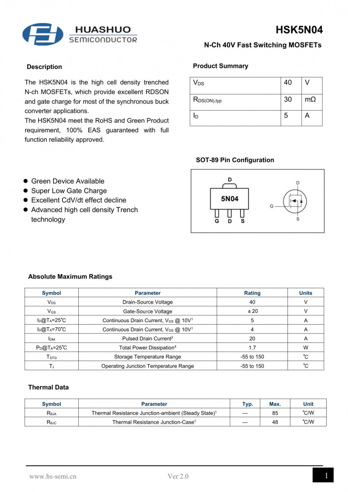 HSK5N04 datasheet page 1