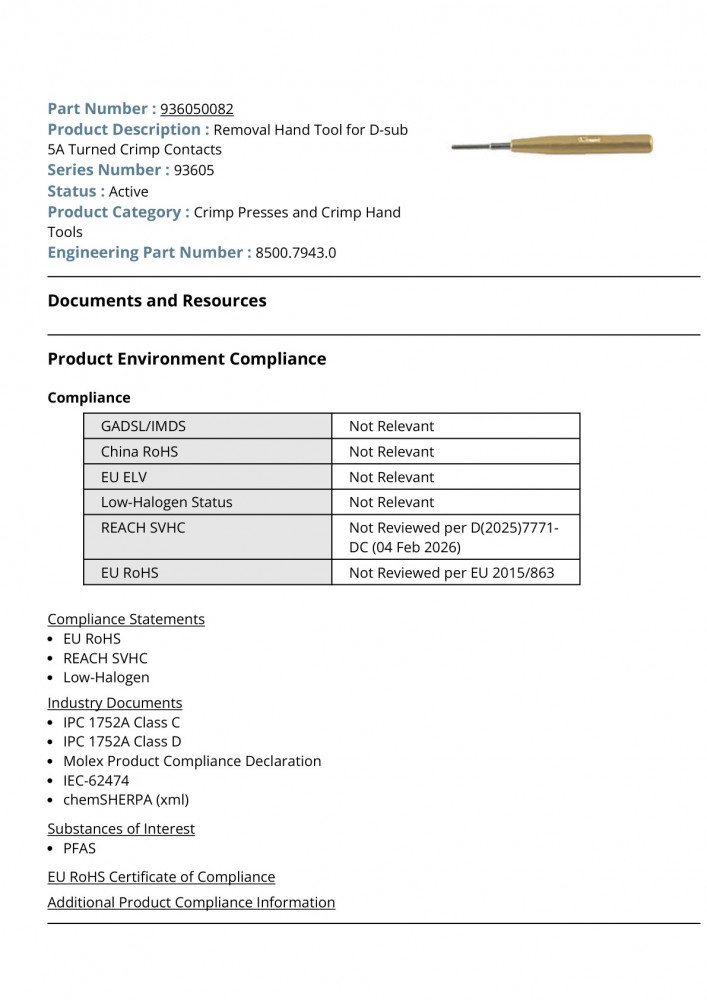 MOLEX 936050082 product documentation image, page 1