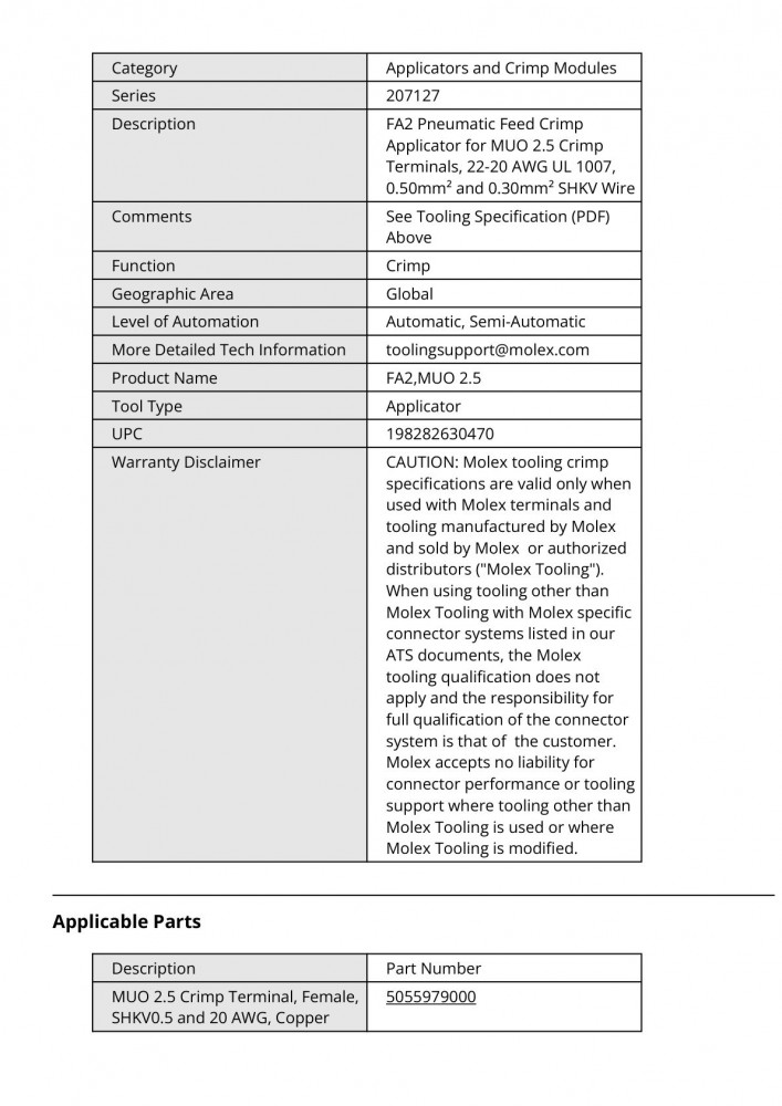 Technical document image 2 for Molex applicator 2130694110