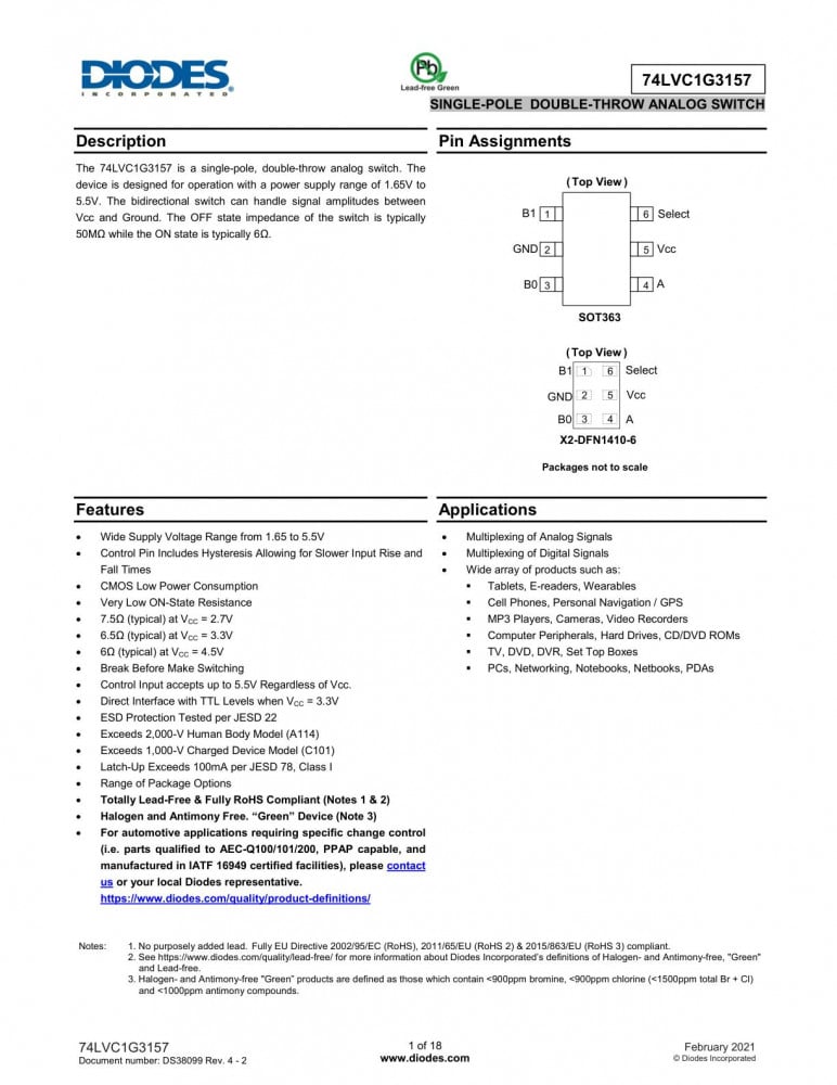 74LVC1G3157DW-7 datasheet page 1