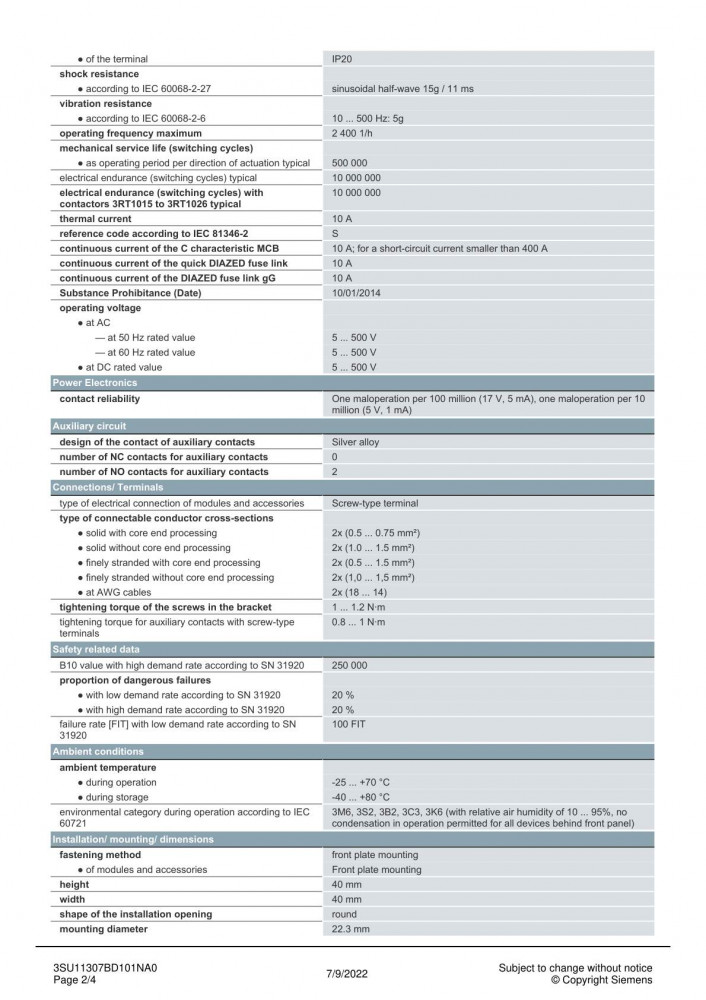 SIEMENS 3SU11307BD101NA0 datasheet page 2