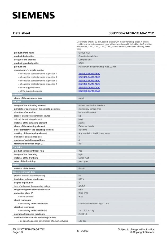 SIEMENS A6X30143593 technical document page 1