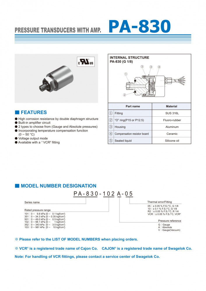 PA-830 pressure sensor technical document page 1