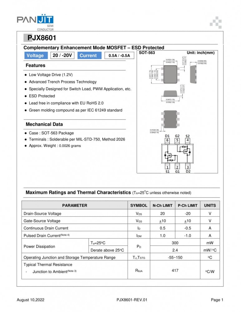 PJX8601 datasheet page 1
