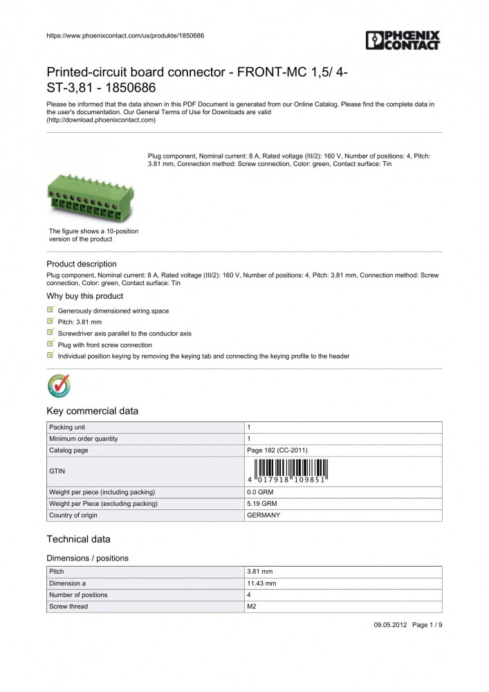 Phoenix Contact 1850686 technical document page 1