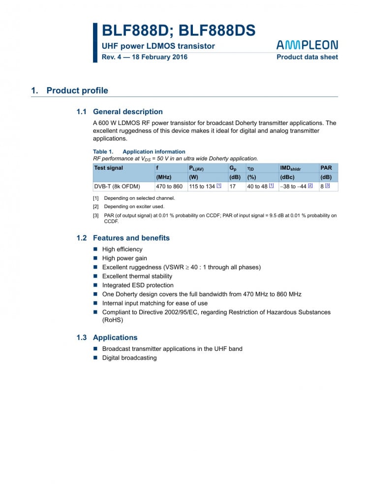 BLF888DSU datasheet page 1