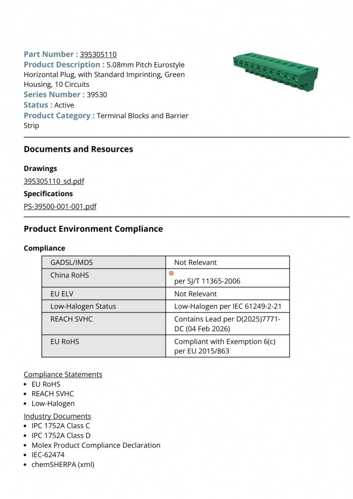 MOLEX 395305110 technical document page 1