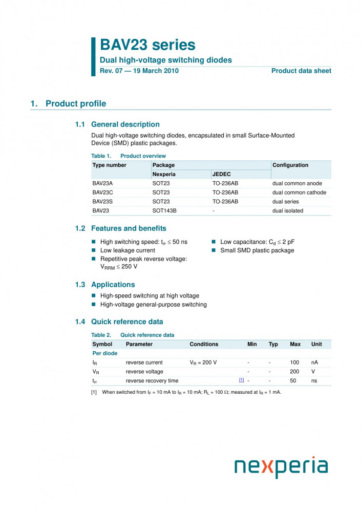 BAV23A datasheet page 1