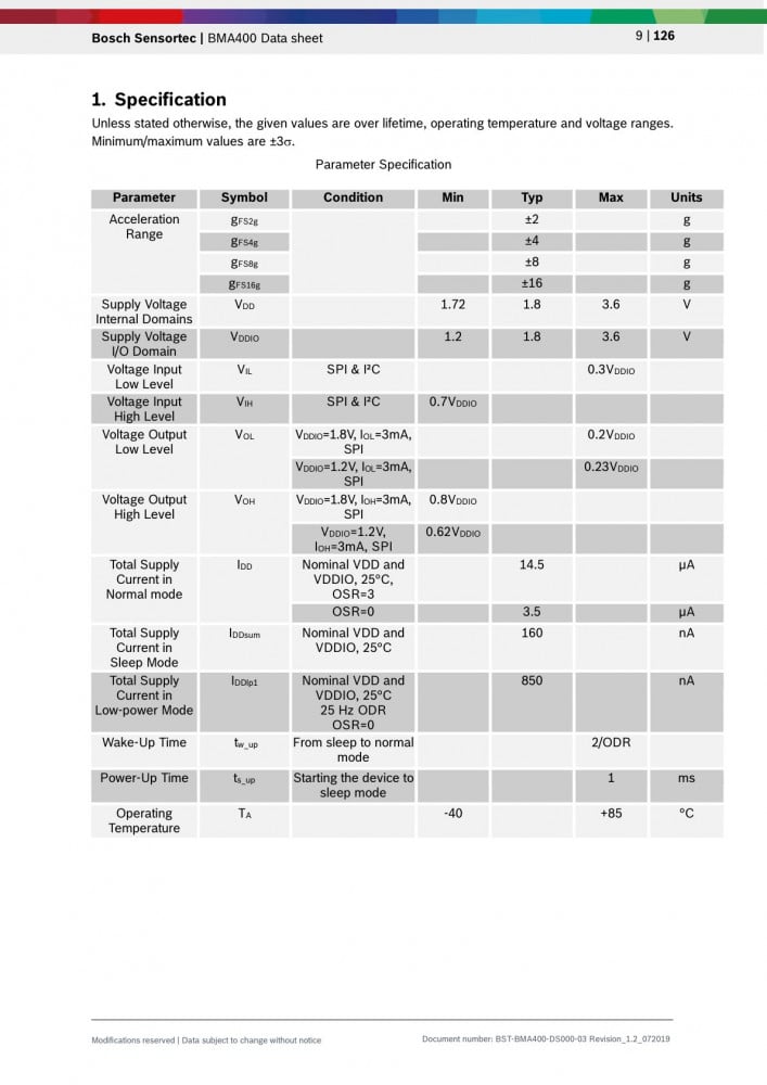 BMA400 datasheet page 9