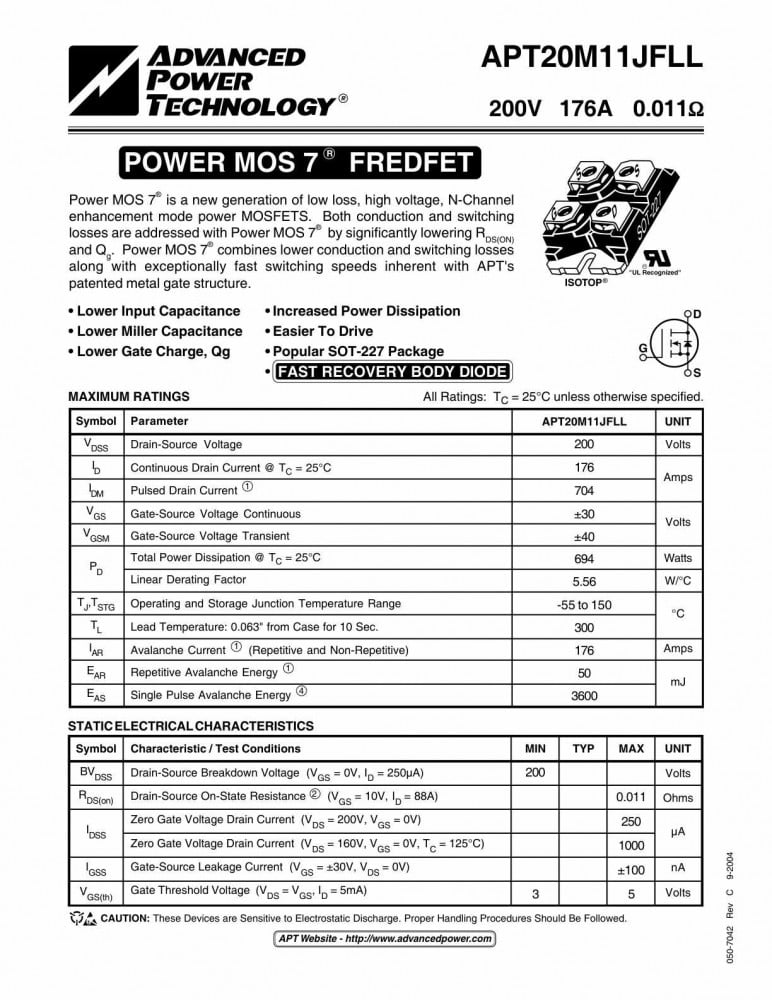 APT20M18B2VFRG technical document page 1
