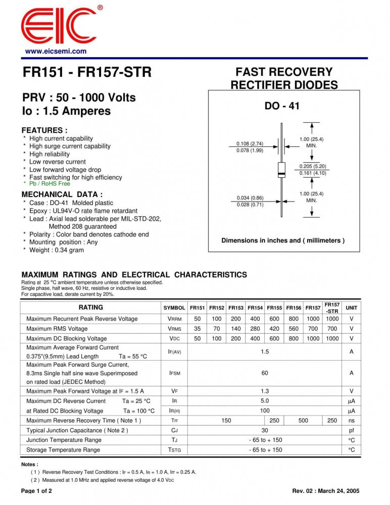 EIC FR157 datasheet page 1