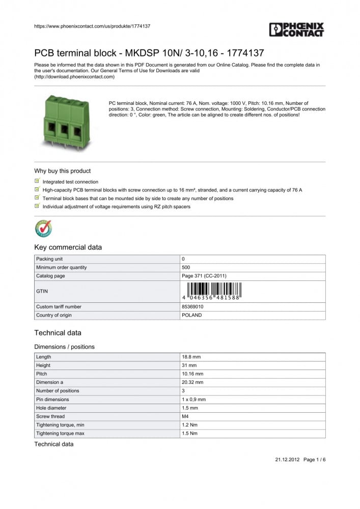 Phoenix Contact 1774137 product data page