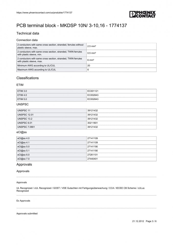 Phoenix Contact 1774137 connection data