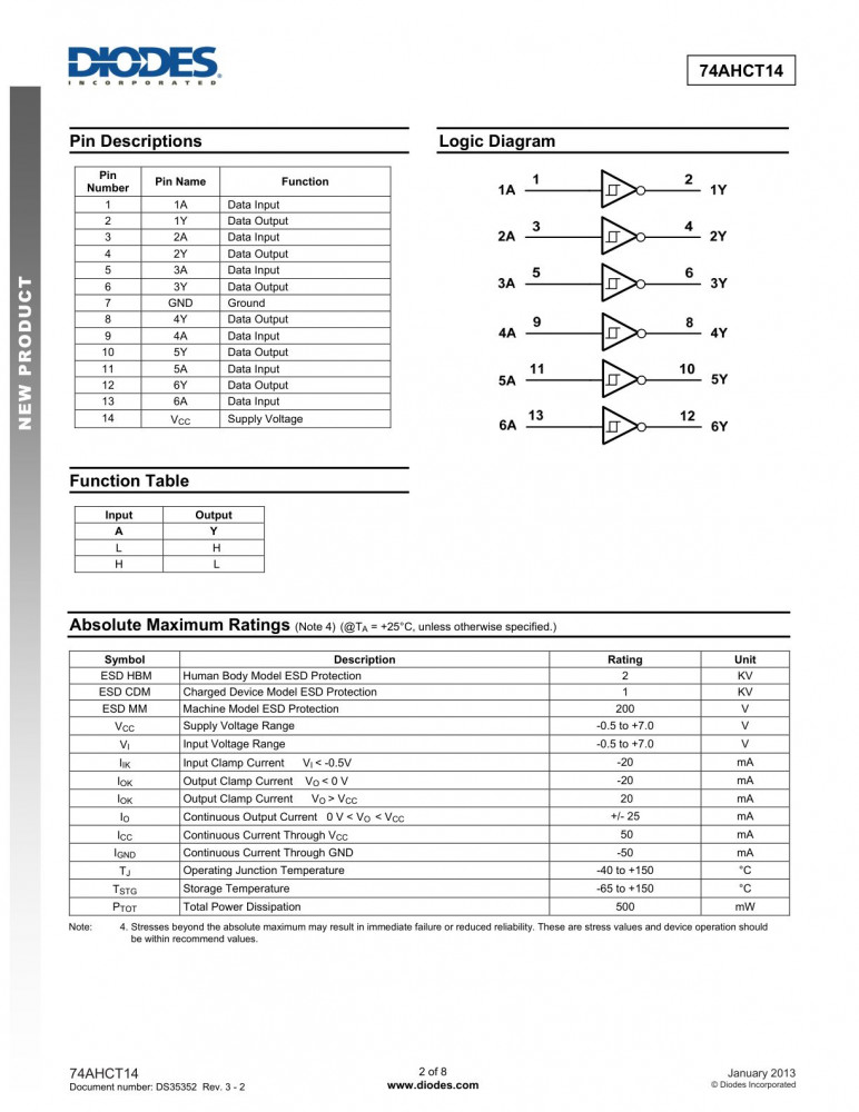 74AHCT14T14-13 datasheet page 2