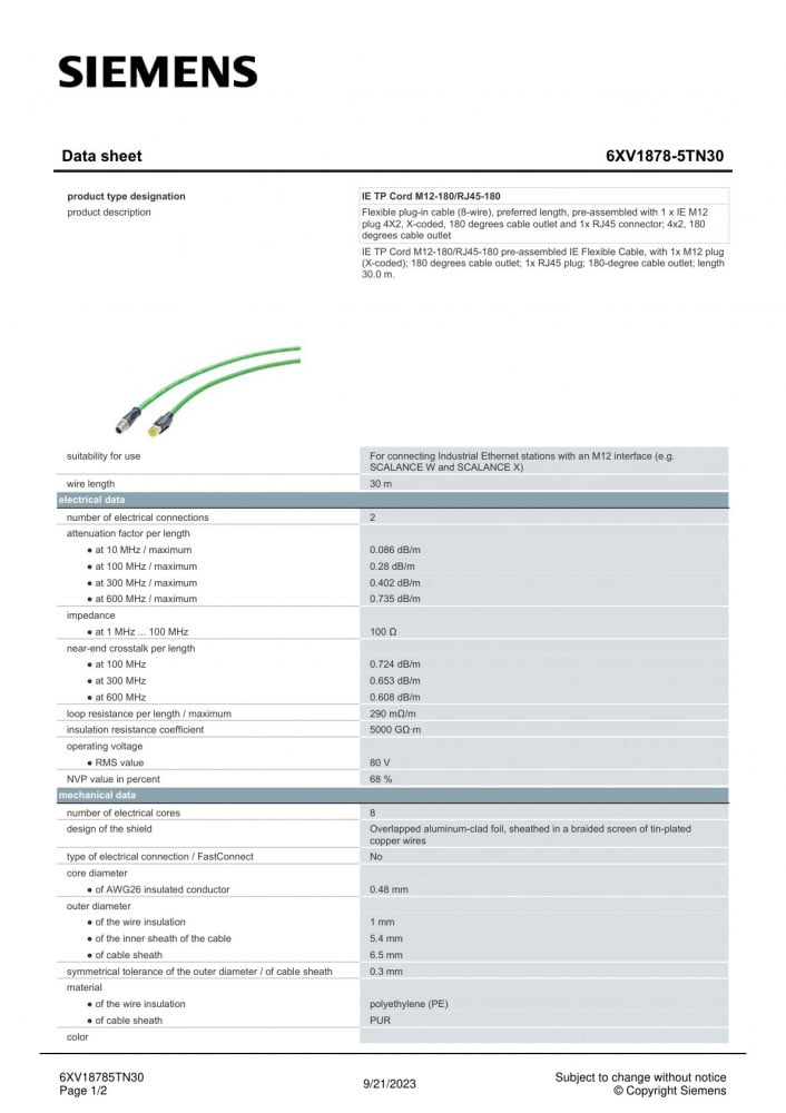 SIEMENS 6XV18785TN30 product data sheet page 1
