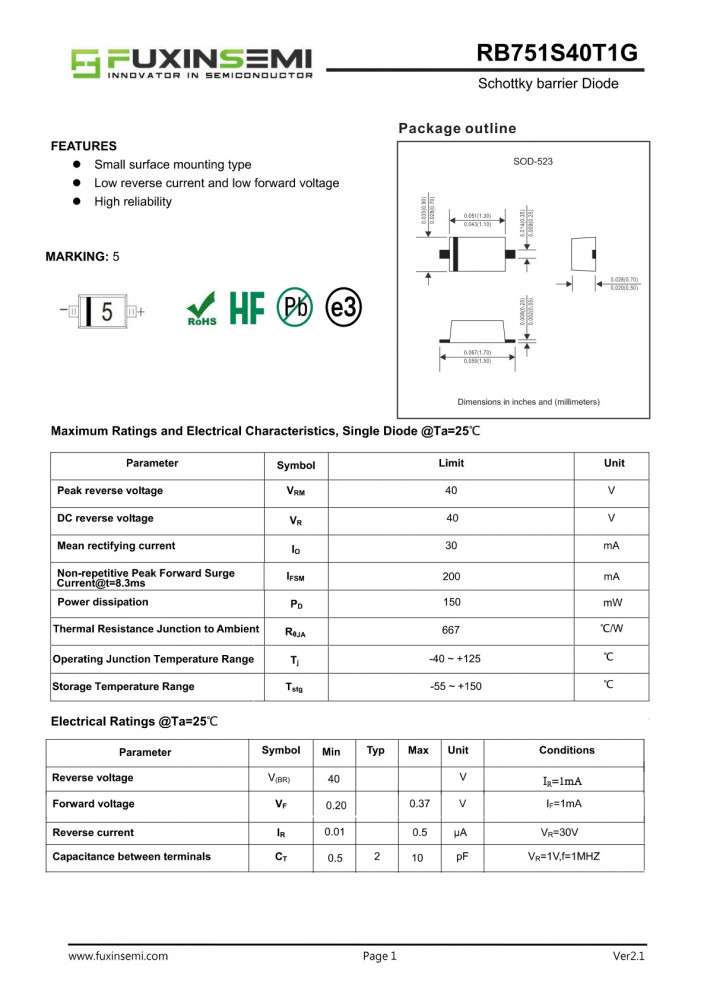 RB751S40T1G datasheet page 1