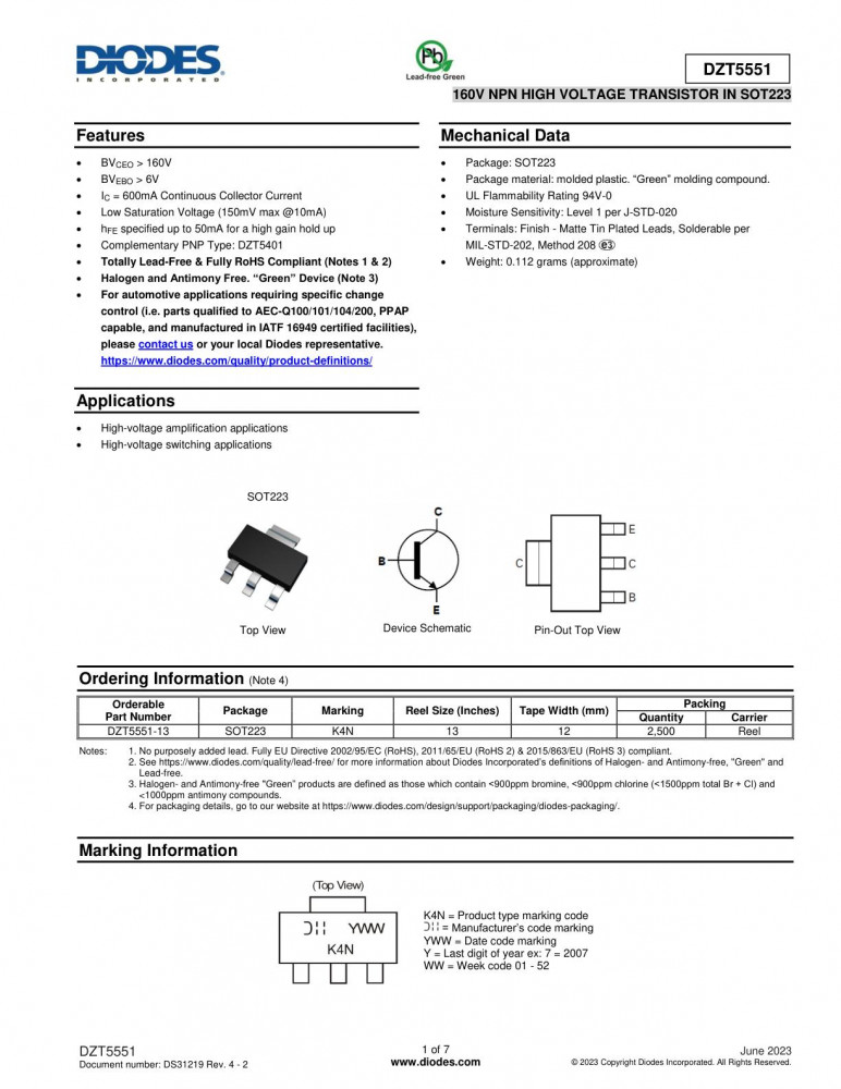 DZT5551-13 datasheet page 1