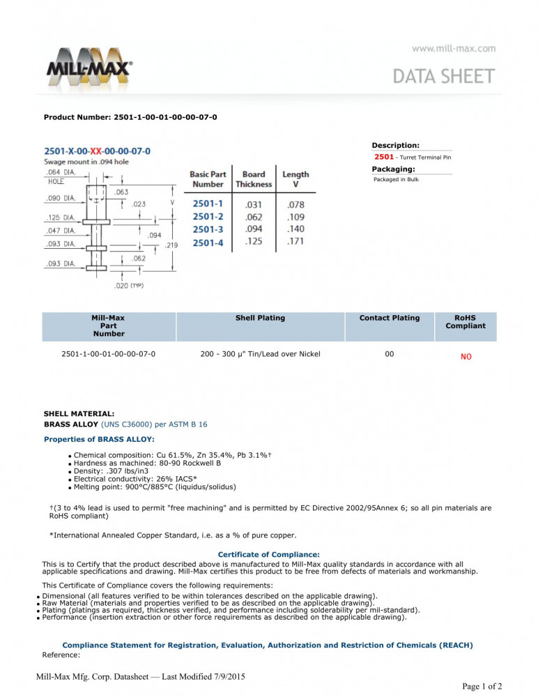 Mill-Max 2501 series technical document page 1
