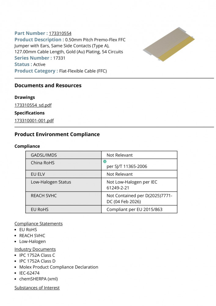 MOLEX 173310554 technical document image, page 1