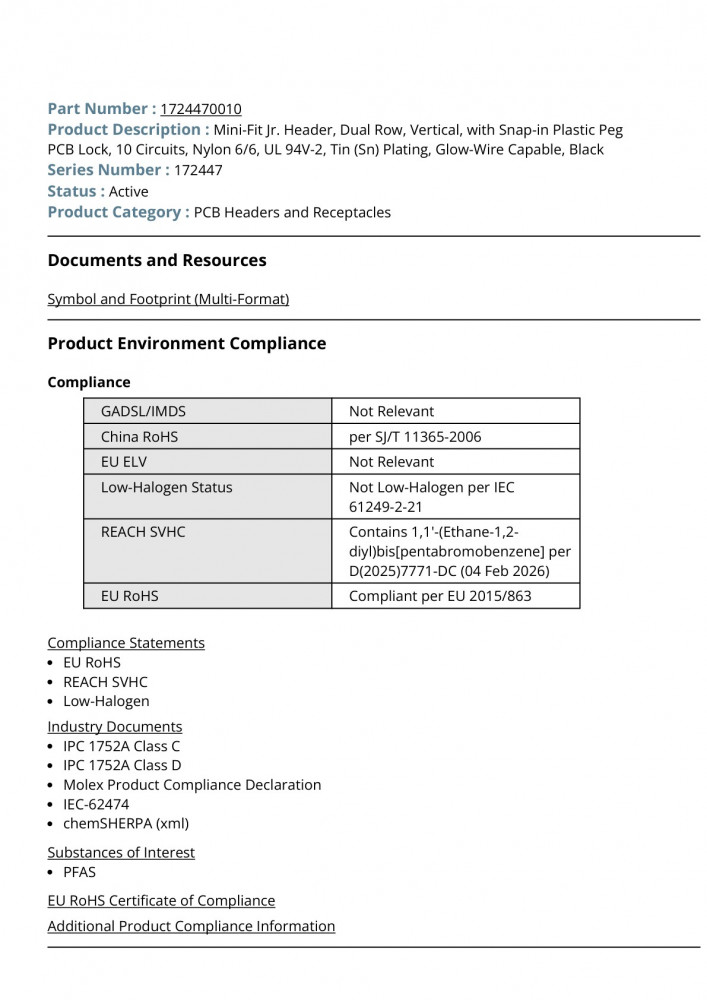 Technical document page 1 for MOLEX 1724470010