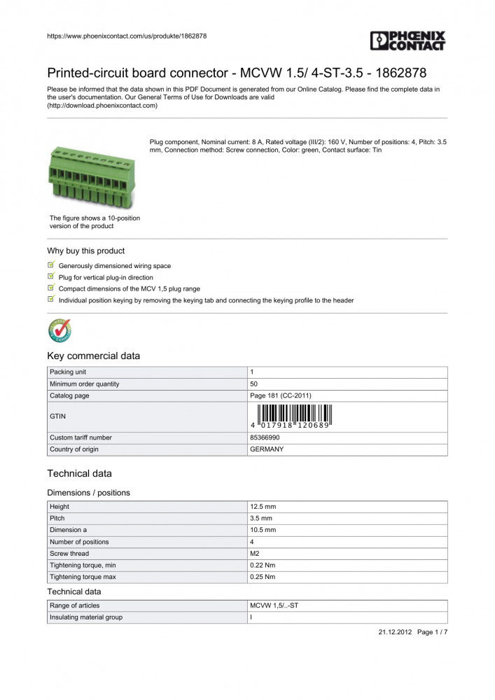 Phoenix Contact 1862878 technical document page 1