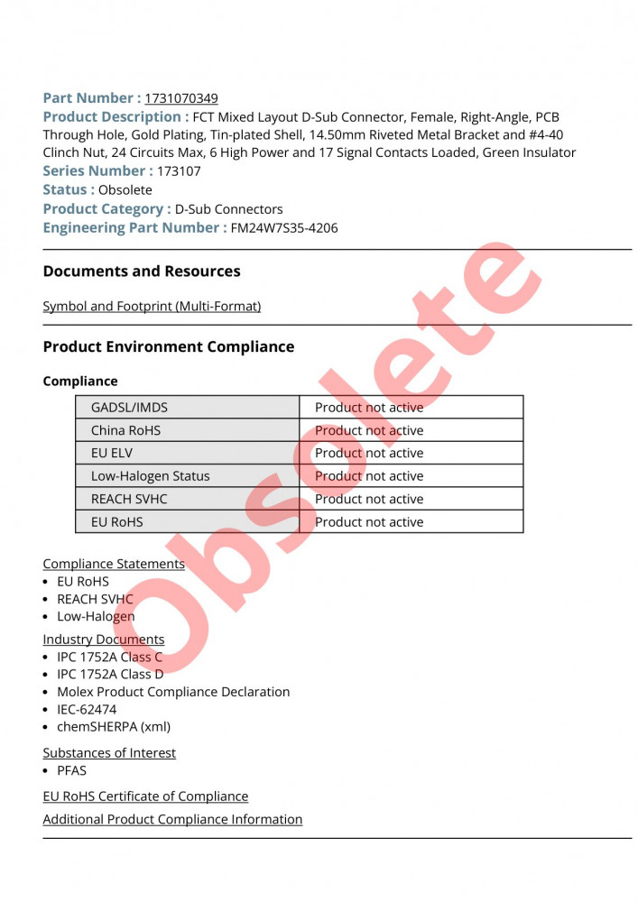 Technical document page 1 for MOLEX 1731070349