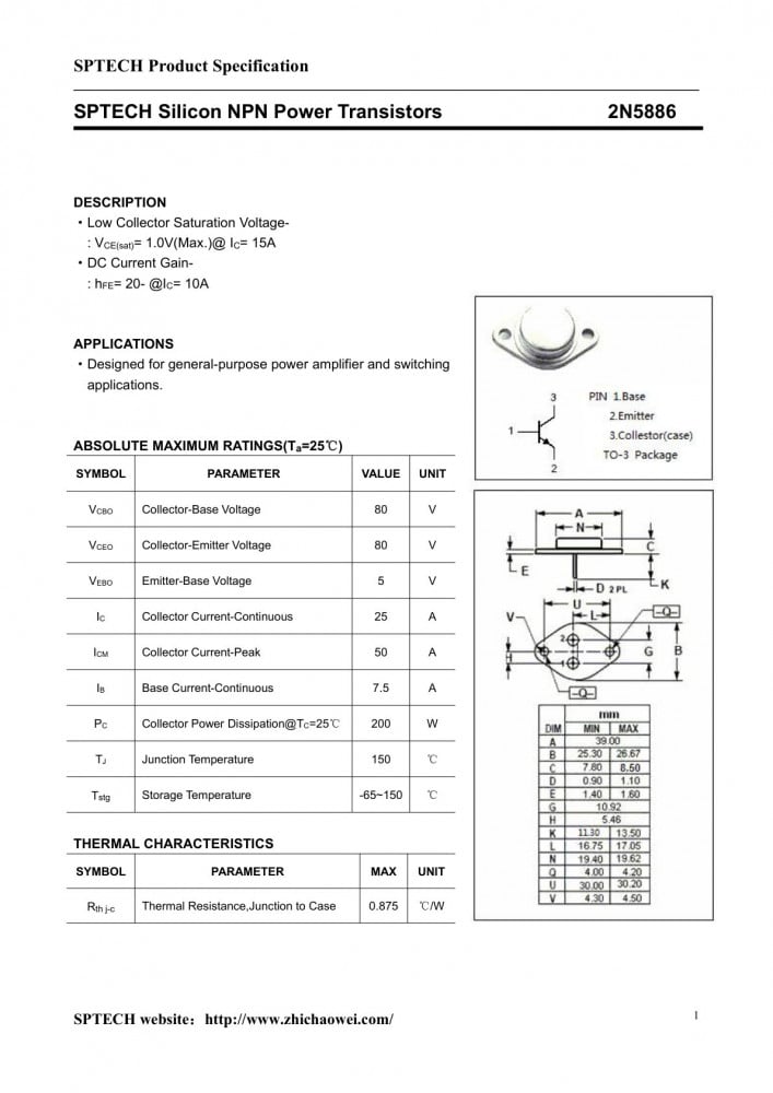 SPTECH 2N5886 datasheet page 1