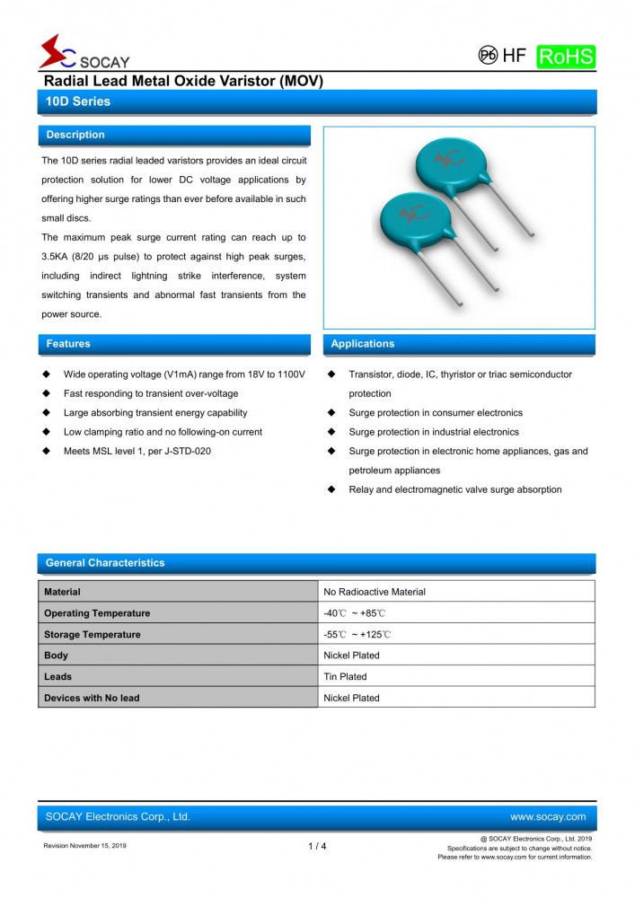 SOCAY 10D Series MOV datasheet page 1