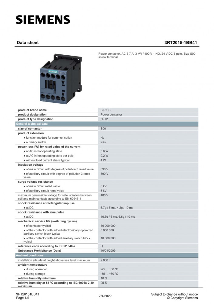 3RT20151BB41 technical documentation, page 1