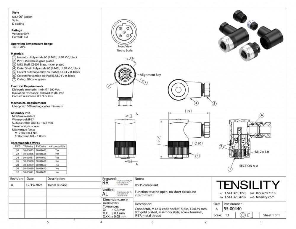 Tensility 55-00440 M12 D-coded five-pin socket product drawing