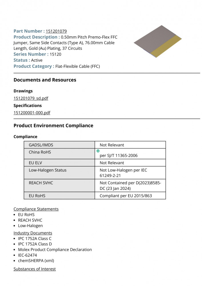Technical document page 1 for MOLEX 151201079