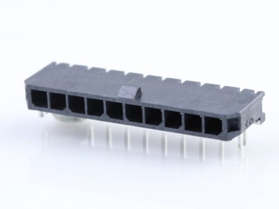 Micro-Fit 3.0 Right-Angle Header, 3.00mm Pitch, Single Row, 10 Circuits, with PCB Press-fit Metal Retention Clip, 0.38µm Gold Plating, Glow-Wire Capable, Black