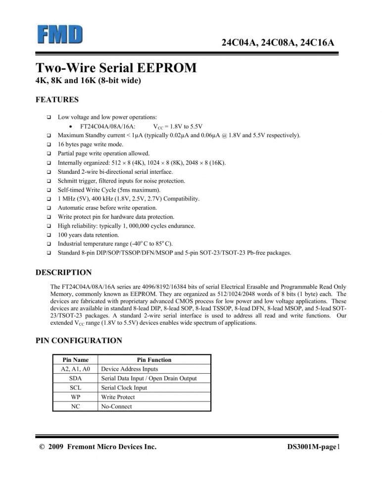 FT24C04A datasheet page 1