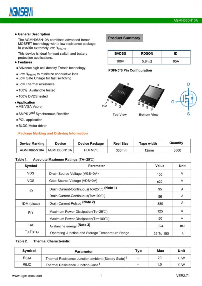 AGMH065N10A datasheet page 1