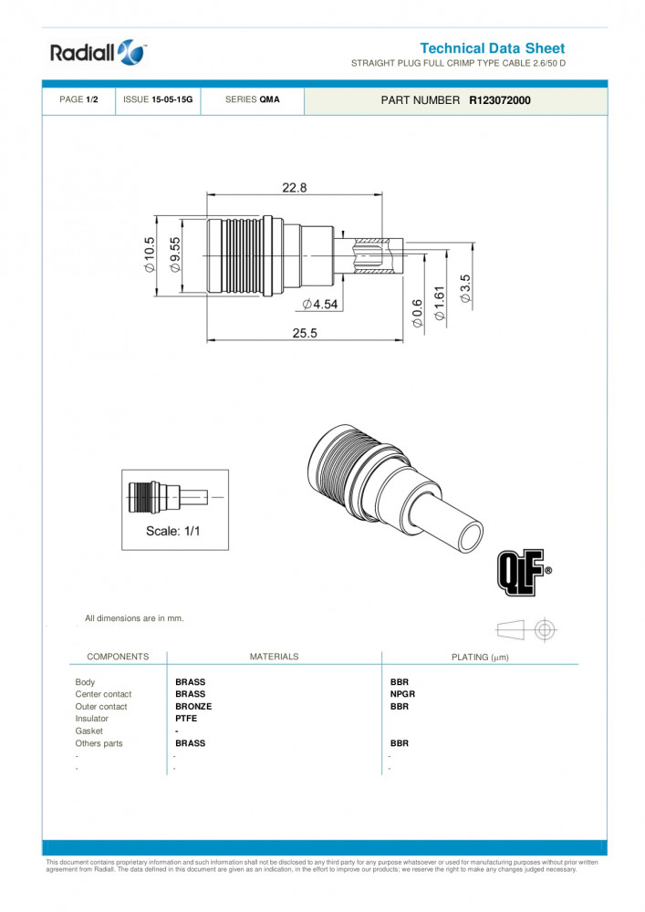 Radiall R123072000 QMA technical document, page 1