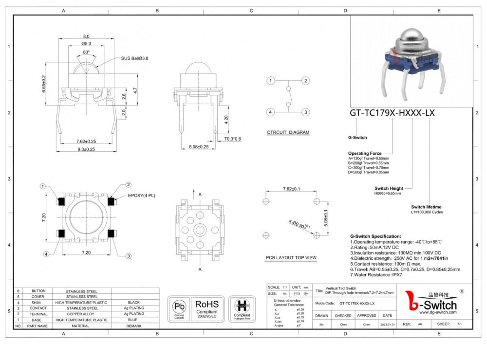 GT-TC179C-H0665-L1 mechanical drawing and material table