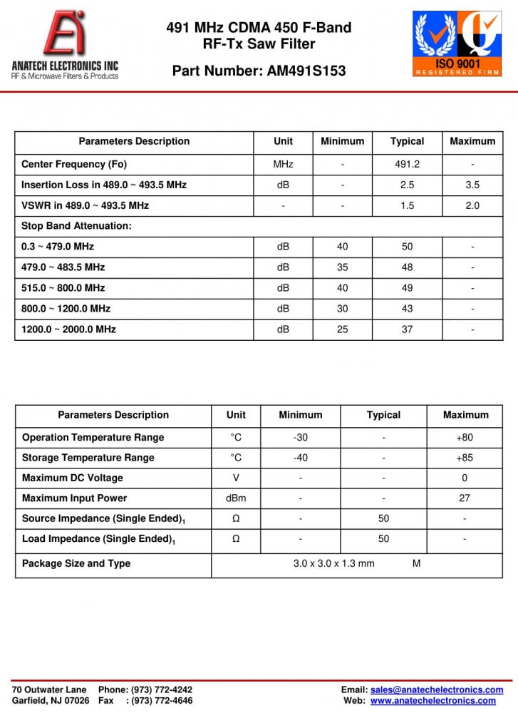 AM491S153 outline drawing and specification page