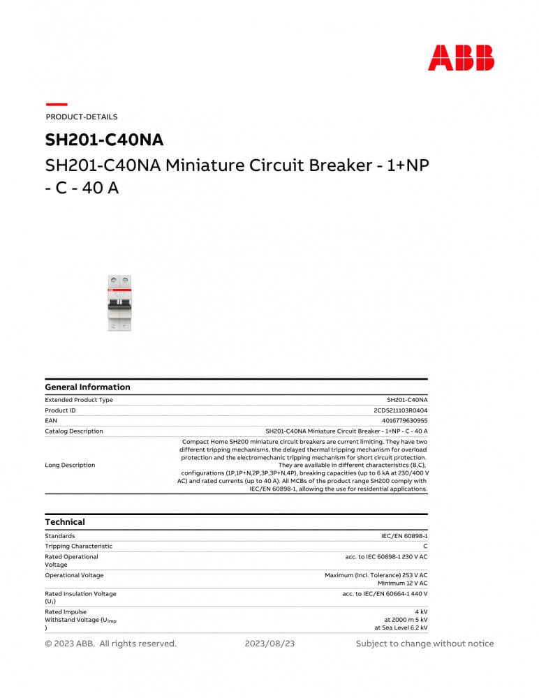 SH201-C40NA technical document page 1