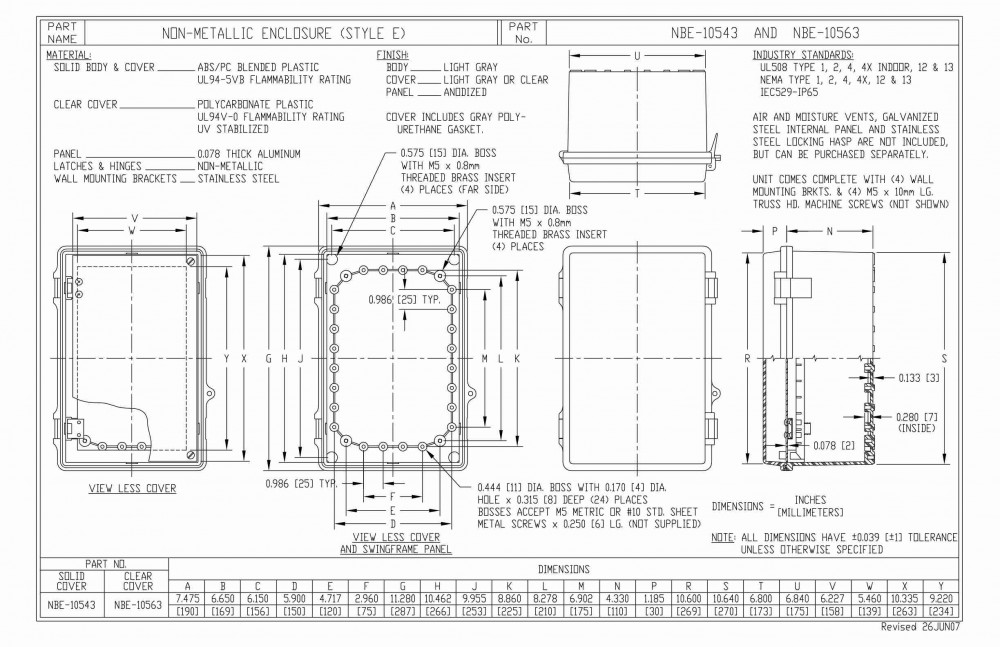 Bud Industries Style E NBE-10543 and NBE-10563 enclosure drawing