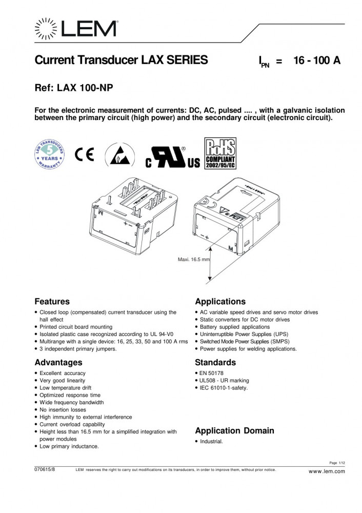 LAX 100-NP datasheet page 1