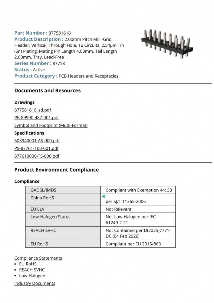 MOLEX 877581618 technical document preview, page 1