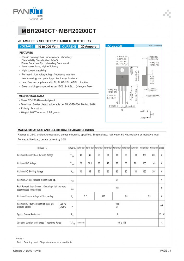 PANJIT MBR20200CT datasheet page 1