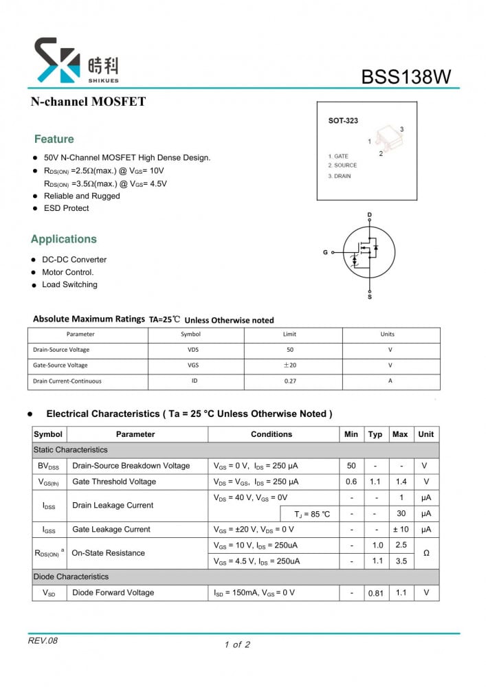 BSS138W technical document page 1